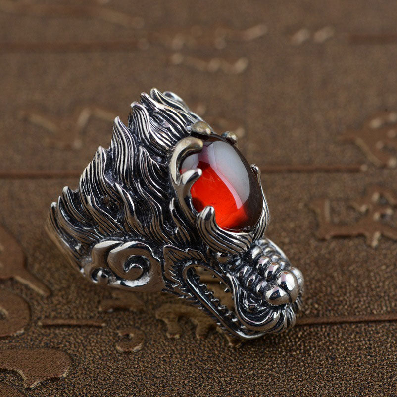 Shiny Brain Silver Dragon Head Ring | Dragon Vibe