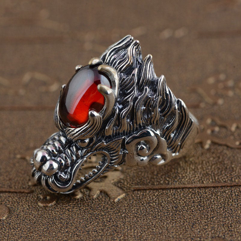 Shiny Brain Silver Dragon Head Ring | Dragon Vibe